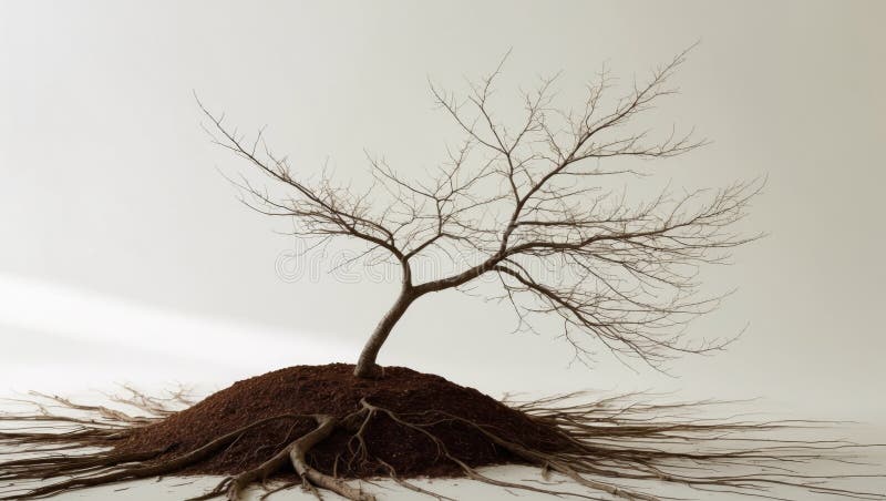 A Single Sapling with Exposed Roots Growing from a Mound of Soil. Stock ...