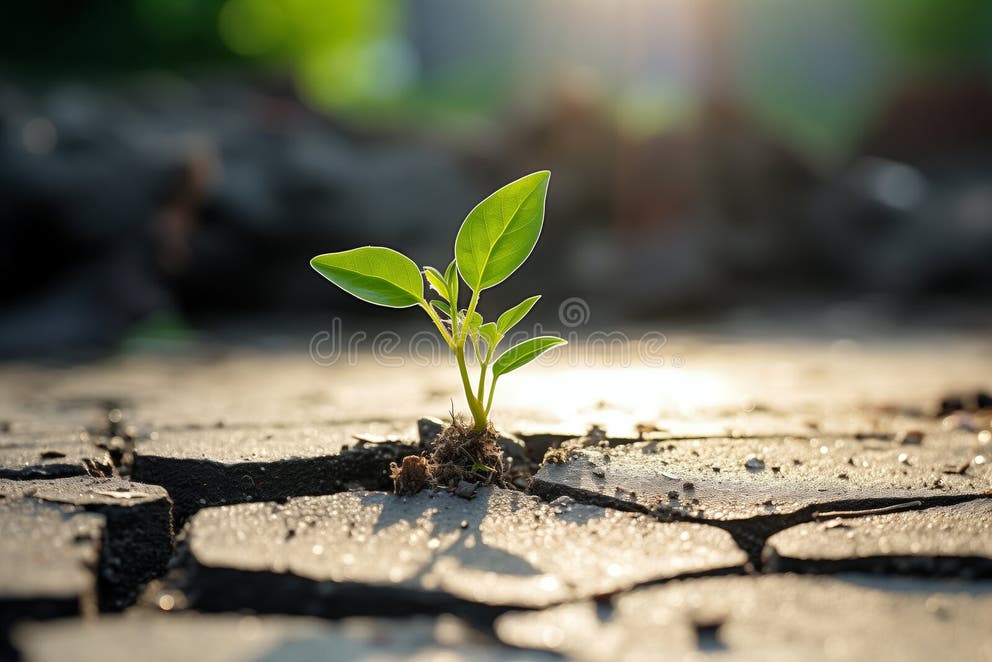 A Single Sapling Growing in a Cracked Concrete Surface, with Sunlight ...