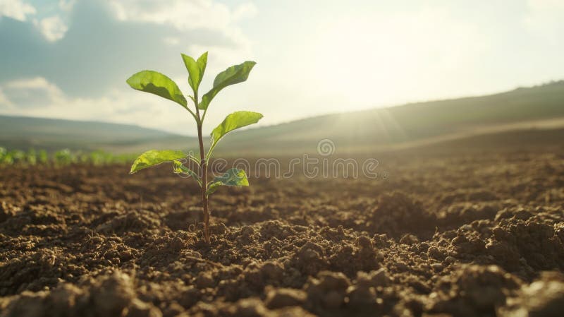 A Single Sapling Growing in a Field of Brown Soil Stock Illustration ...