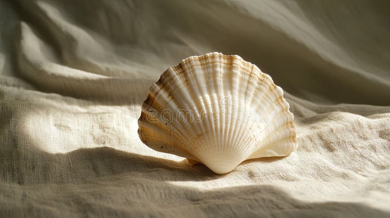 A Single Scallop Shell Resting on a Neutral-toned Tablecloth Picture ...