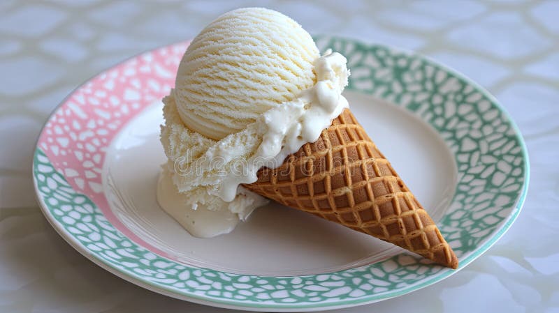 A Single Scoop of Ice Cream in a Waffle Cone, Resting on a Pastel Plate ...