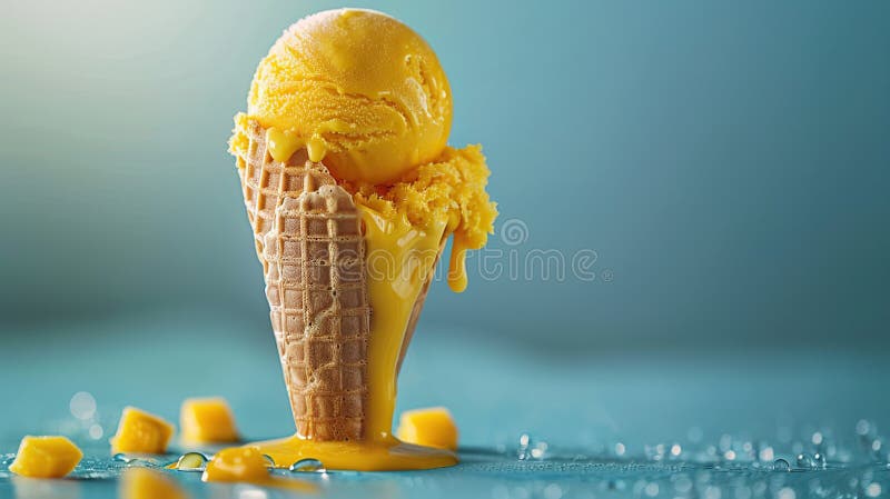 A Single Scoop of Mango Ice Cream in a Waffle Cone with a Few Mango ...
