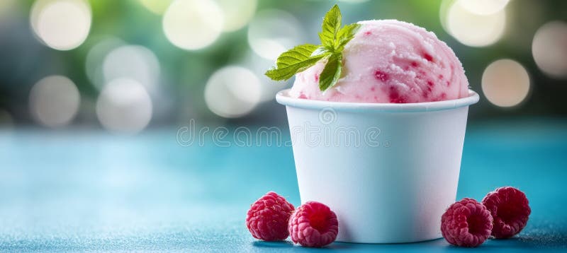 Single Scoop Raspberry Ice Cream Served in a White Paper Cup with Fresh ...