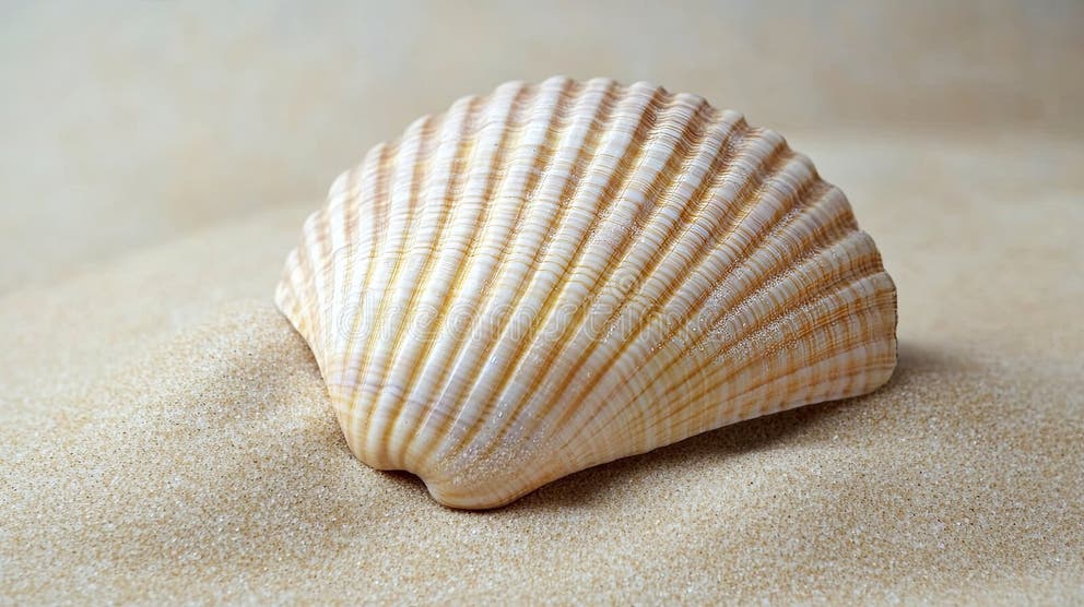 A Single Seashell Placed on a Smooth Sand-colored Surface. Background ...