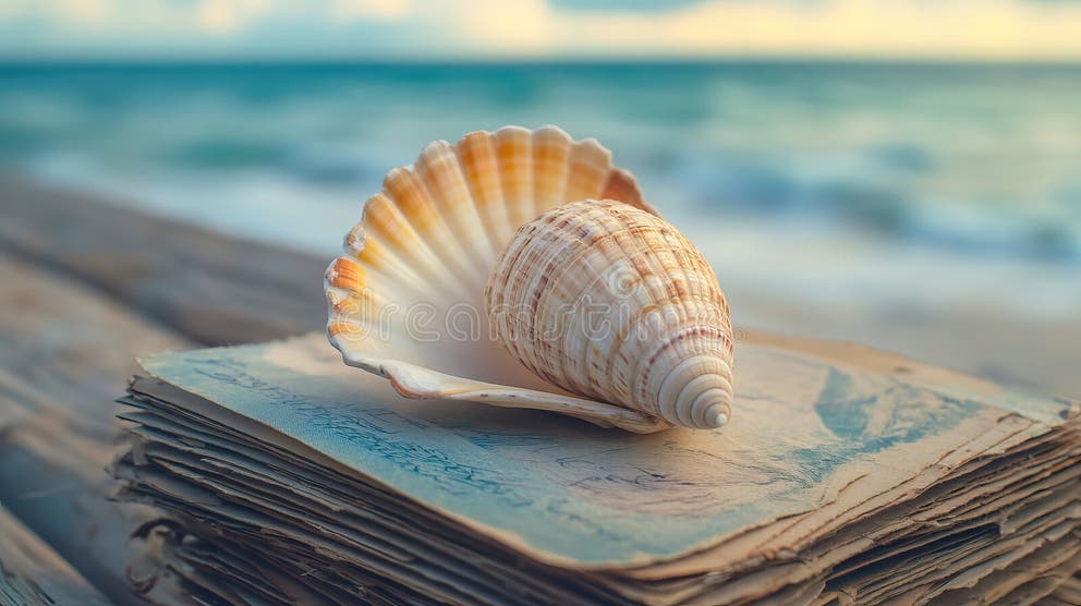 A Single Seashell Placed on a Stack of Old Postcards, with a Faint ...
