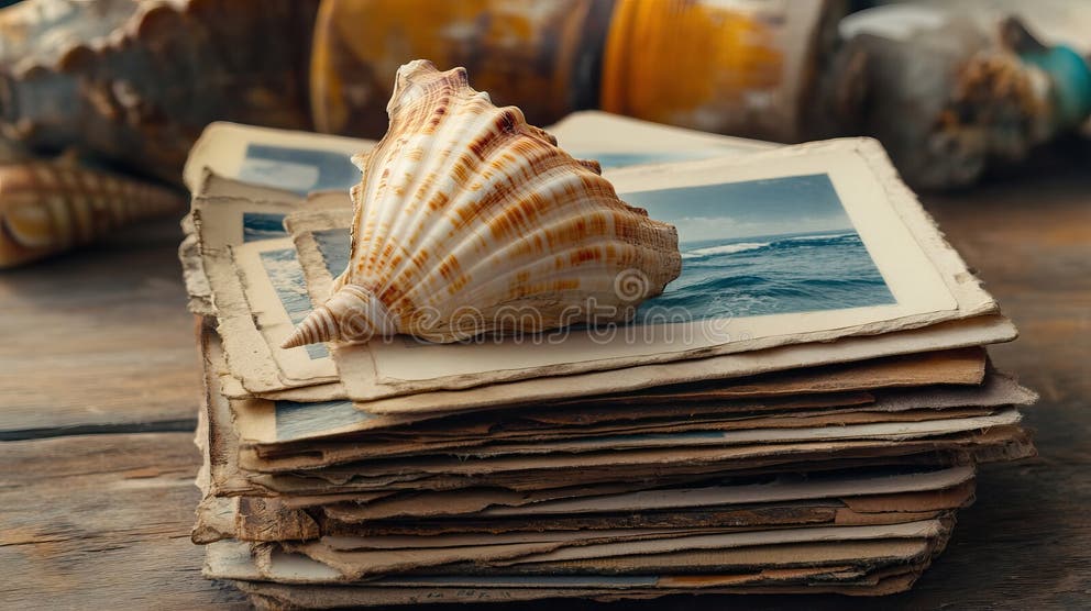 A Single Seashell Placed on a Stack of Old Postcards, with a Faint ...