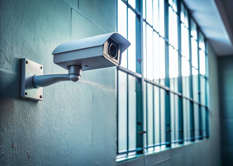 Single Security Camera in a Stark Jail Cell Examining Minimalist Prison ...