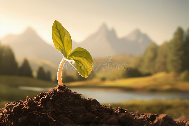 Single Seedling Emerging from the Soil, Illuminated by a Golden ...
