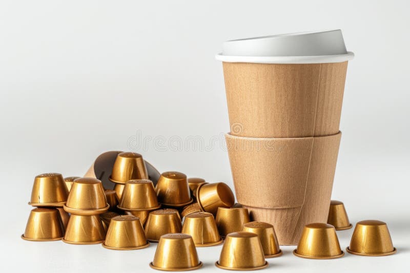 A Single Serving of Coffee Sitting Alongside a Stack of Cups, Perfect ...