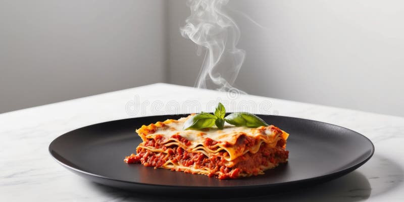 A Single Serving of Lasagna with a Side of Basil on a Black Plate ...