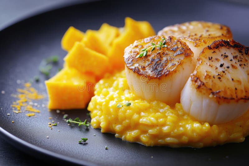 A Single Serving of Seared Scallop on a Dark Plate, Ready for ...