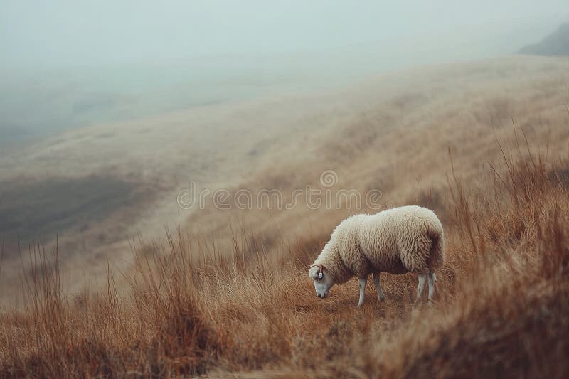 A Single Sheep Grazing on a Hillside with a Blurred Rural Backdrop ...