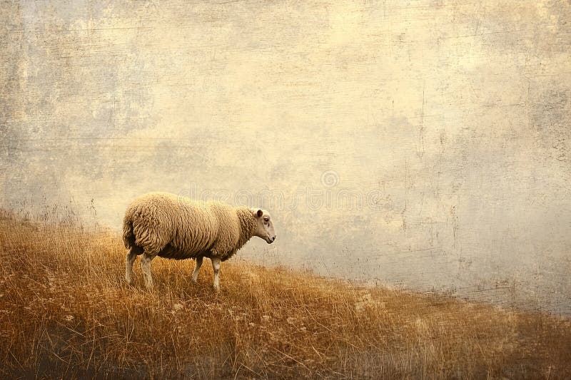 A Single Sheep Grazing on a Hillside with a Blurred Rural Backdrop ...