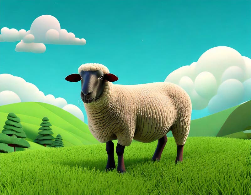 Single Sheep on a Large Grass Field with Beautiful Blue Sky Background ...