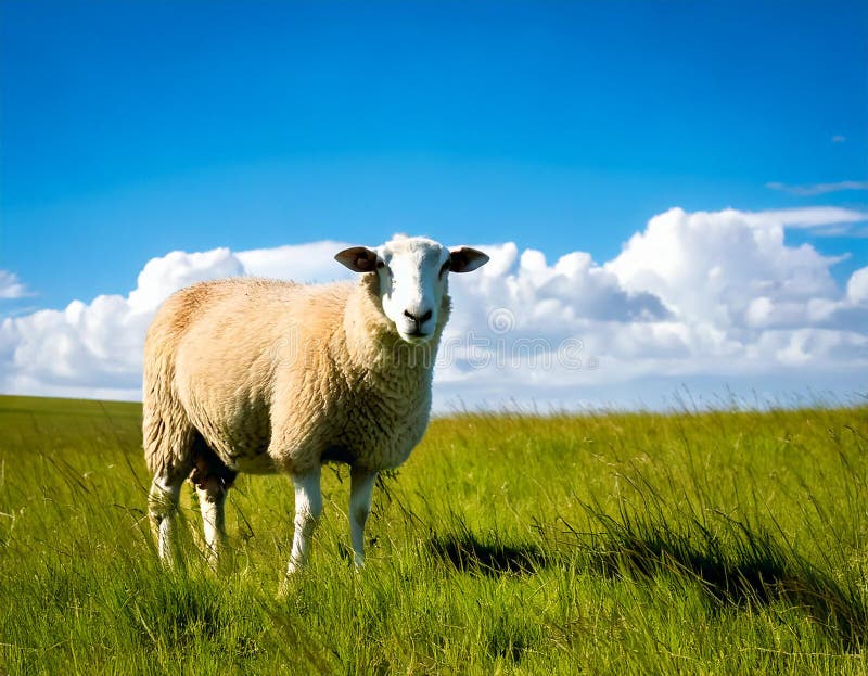 Single Sheep on a Large Grass Field with Beautiful Blue Sky Background ...