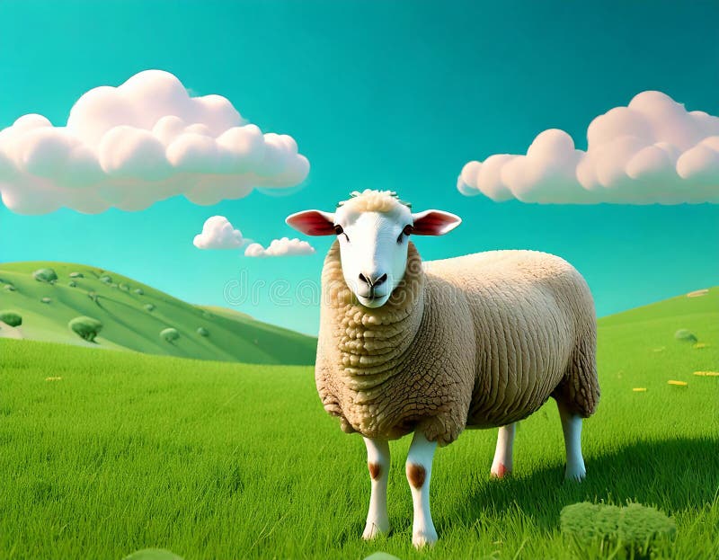 Single Sheep on a Large Grass Field with Beautiful Blue Sky Background ...