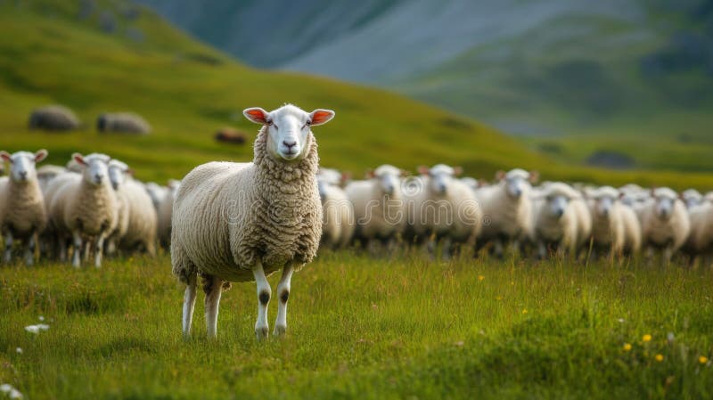 A Single Sheep Leading a Flock in a Green Field Stock Illustration ...