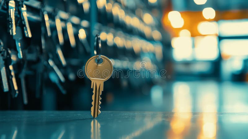 Single Shiny Key Standing on a Clean Countertop in a Modern Locksmith ...