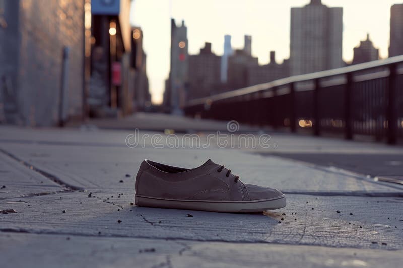Single Shoe on Sidewalk, Cityscape in Background Stock Image - Image of ...