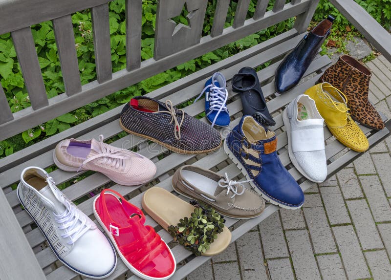 Bench with single shoes stock photo. Image of sell, settee - 151079606