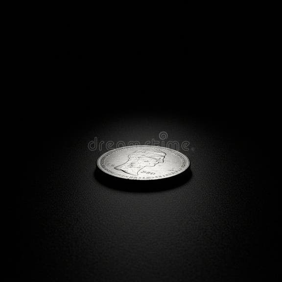 A Single Silver Coin Rests on a Dark Surface, Illuminated by Focused ...