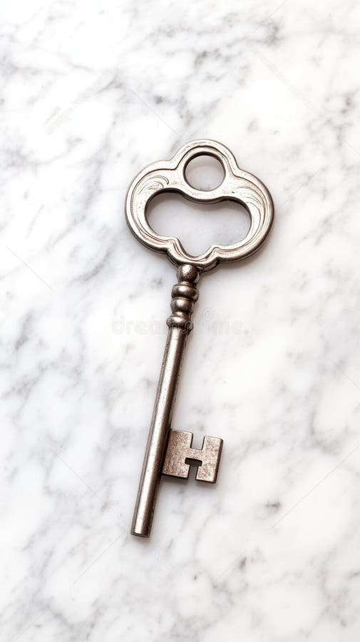 Single Silver Key Placed on White Marble Table, Symbolizing Security ...
