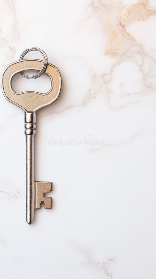 Single Silver Key on White Marble Table, Symbolizing Security and ...