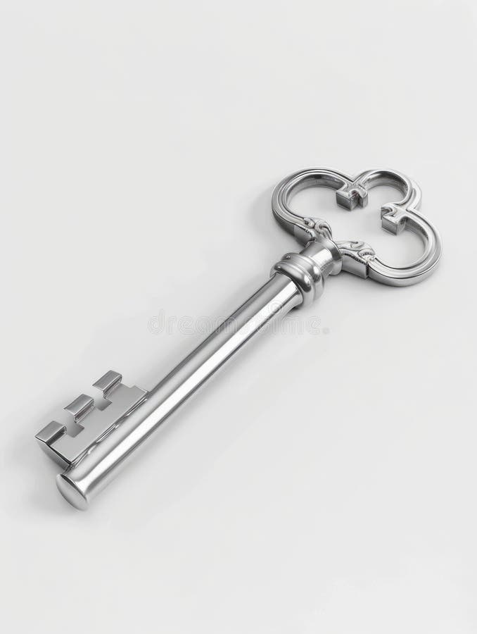 A Single Silver Skeleton Key Lying on a White Surface Stock Image ...