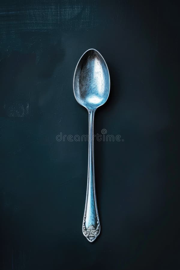A Single Silver Spoon Lying on a Dark or Black Surface Stock Photo ...