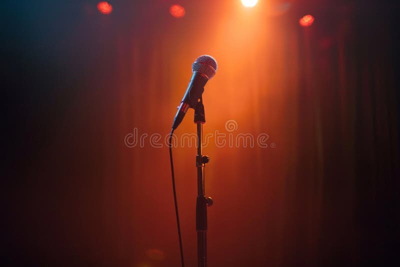 A Single Sleek Microphone Stands on an Illuminated Stage Bathed in a ... A Single Sleek Microphone Stands on an Illuminated Stage Bathed in a ...