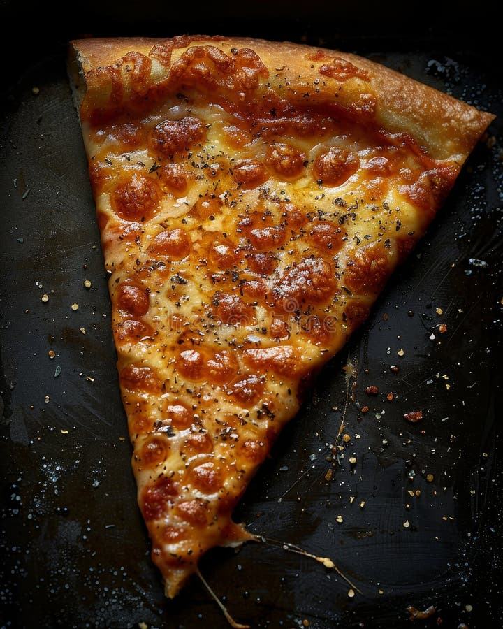 Single Slice of Cheese Pizza with Melted Cheese and Spices on Black Pan ...