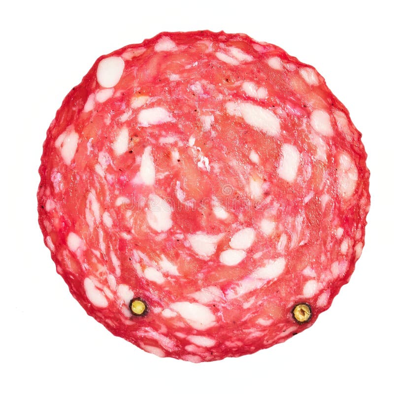 A Single Slice of Salami with Peppercorns on a White Background Stock ...