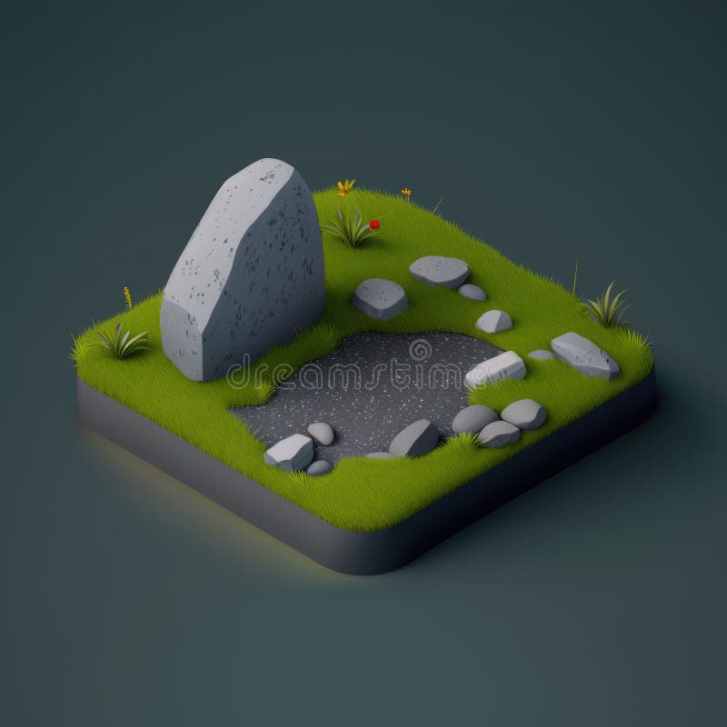 Single Small Stone Lightly Rolling Down a Hill, Isometric Low Poly View ...