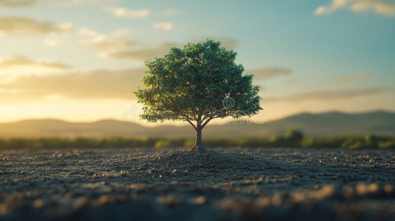 Single Small Tree Growing on Dry Ground at Sunset Stock Illustration ...