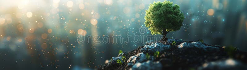 A Single Small Tree Growing on a Rocky Surface with Blurred Lights and ...