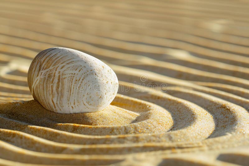 A Single Smooth Stone Placed on Raked Sand, Creating Circular Patterns ...