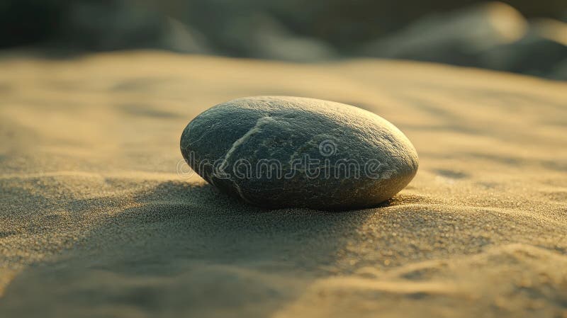A Single Smooth Stone Rests on a Sandy Beach, Bathed in Warm Sunlight ...