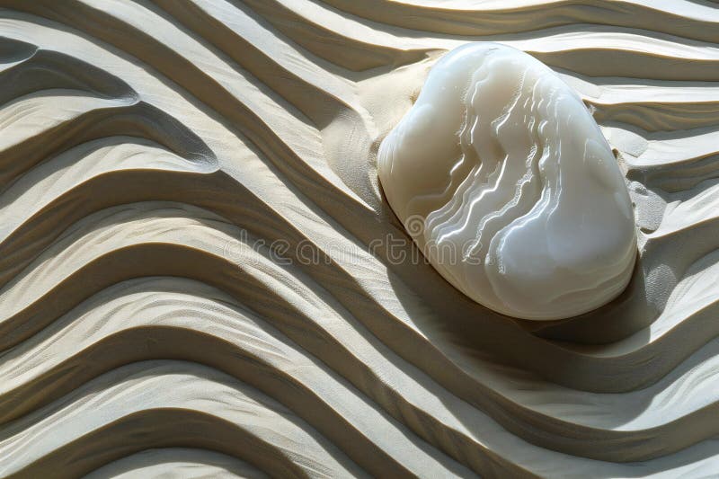 A Single Smooth White Stone Lying on Top of Wavy Lines Drawn in the ...