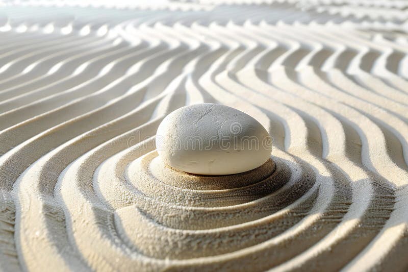 A Single, Smooth White Stone is Placed in the Center of Raked Sand ...
