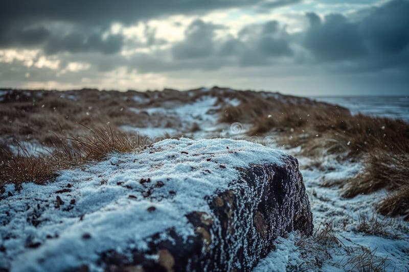 A Single Snow-covered Rock Sits in a Open Field, with No Other Features ...