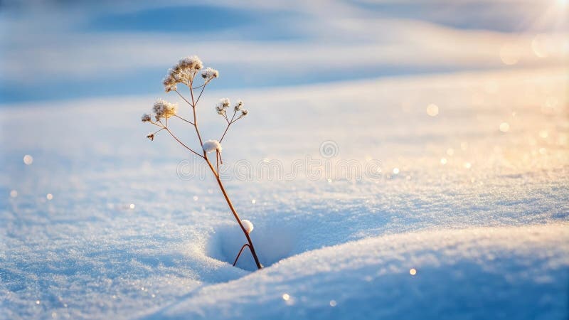 A Single Snow-covered Stem Rises from the Winter Snow, Bathed in the ...