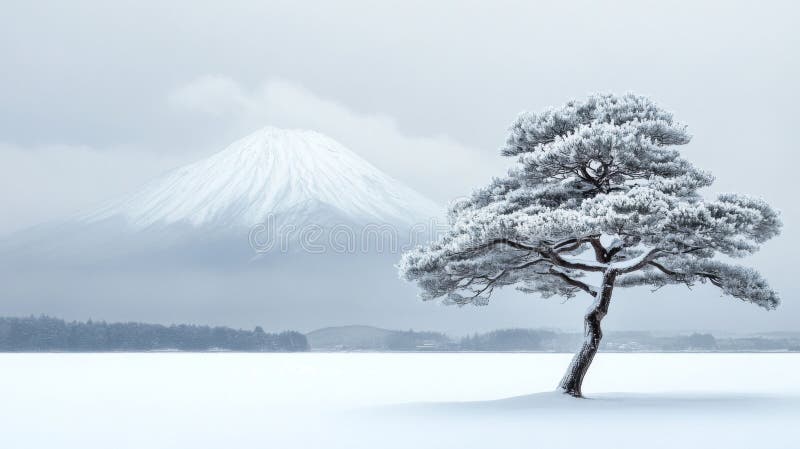A Single Snow-Covered Tree Stands before Mount Fuji in the Distance ...