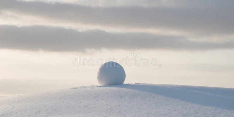 A Single Snowball Rests on a Snowy Hill Under a Cloudy Sky. Stock Image ...