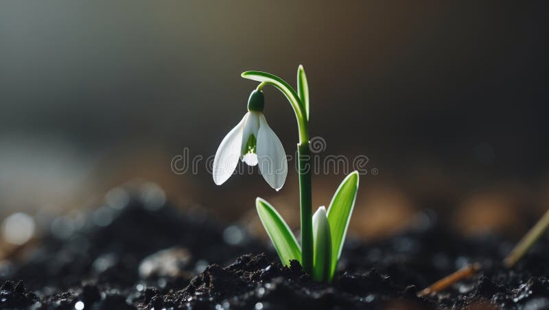 Single Snowdrop Blooming in Dark Soil Signifies Spring Arrival Stock ...