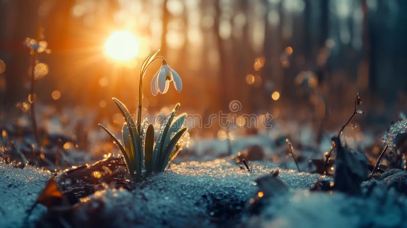 Single Snowdrop Flower Blossoming on a Sunny Spring Day Amid Dewdrops ...