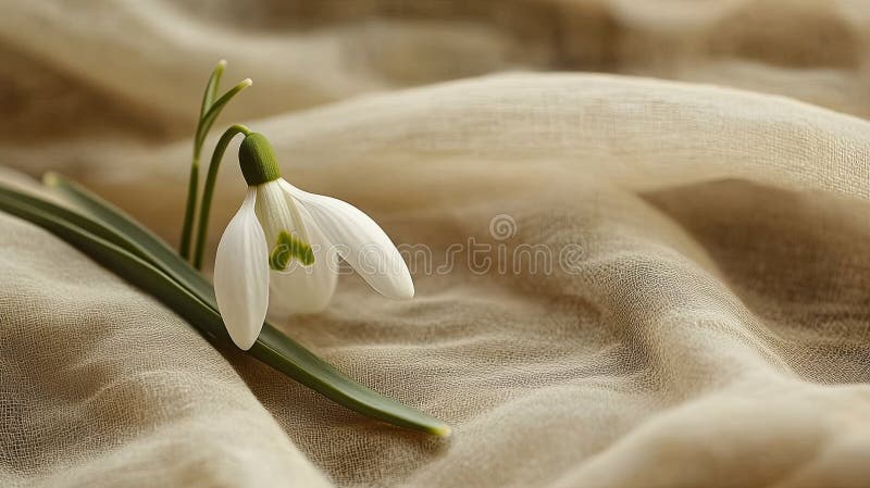 A Single Snowdrop Flower Resting on a Neutral Fabric, Representing ...