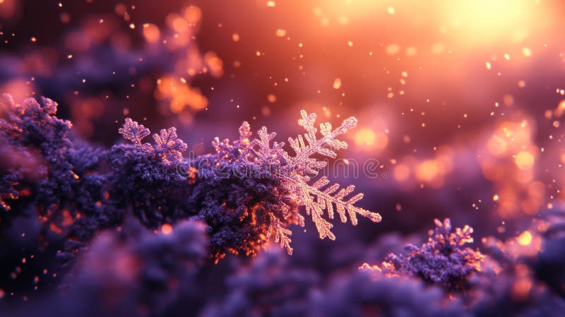 A Single Snowflake Glows at Sunset on a Branch Stock Illustration ...
