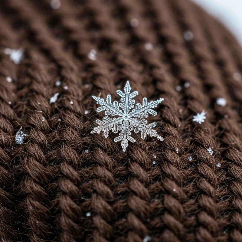 A Single Snowflake Rests Delicately on a Textured Brown Knitted Fabric ...
