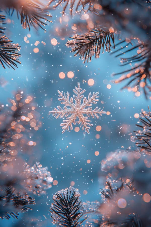 Single Snowflake on Snowy Landscape with Blue Sky and Falling Snow ...