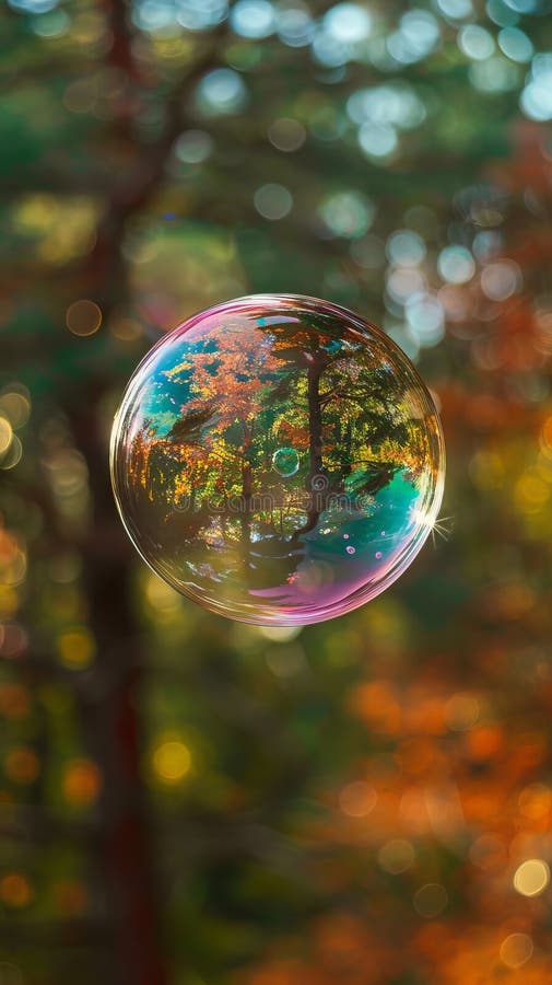 Single Soap Bubble Reflecting Autumn Forest with Bokeh Effect Stock Image - Image of glow ...